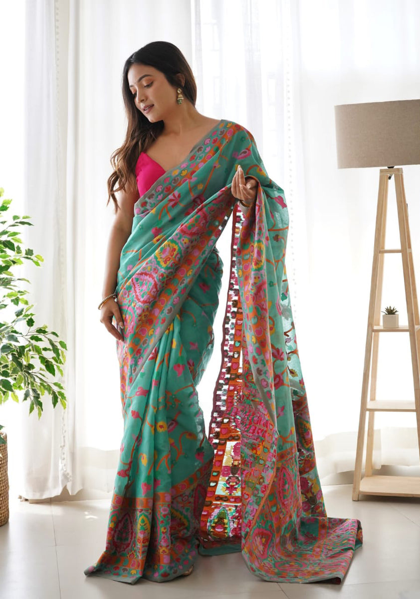 Fairytale Rama Pashmina saree With Angelic Blouse Piece – LajreeDesigner