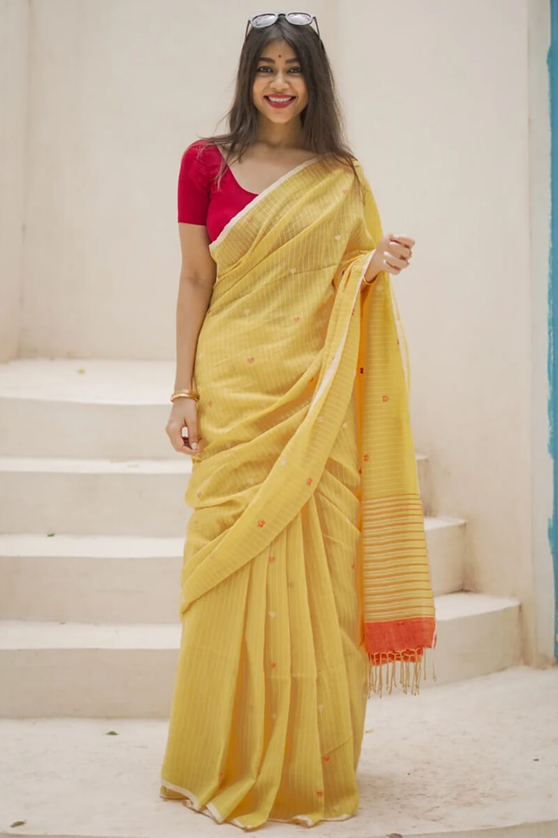 Refreshing Yellow Cotton Silk Saree With Posh Blouse Piece – LajreeDesigner
