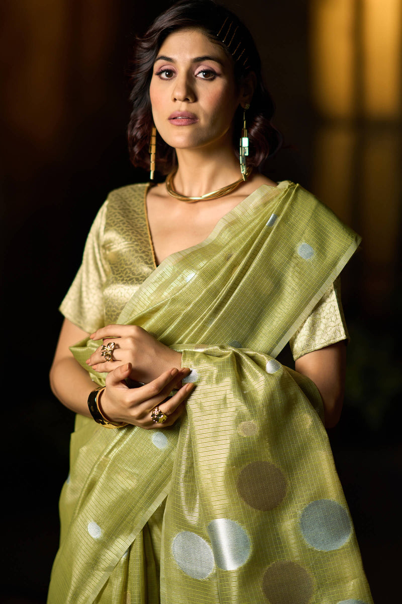 Chatoyant Green Soft Banarasi Tissue Silk Saree With Winsome Blouse Pi ...