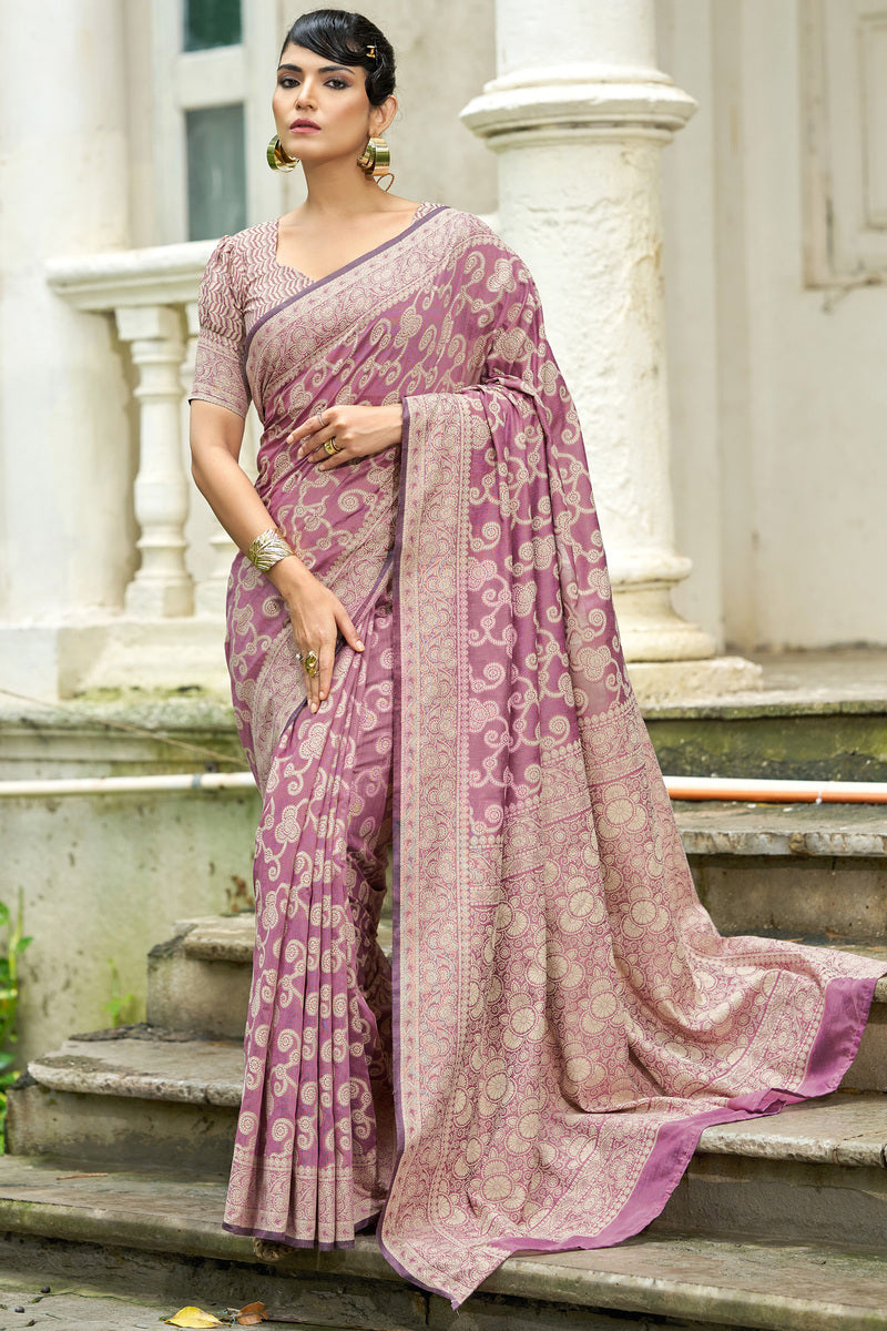 Unequalled Light Purple Lucknowi Silk Saree With Engrossing Blouse Pie ...