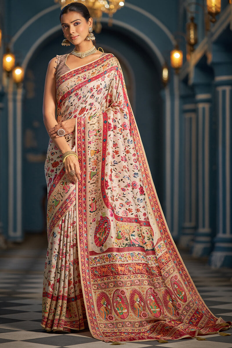 Capricious Beige Pashmina Saree With Felicitous Blouse Piece ...