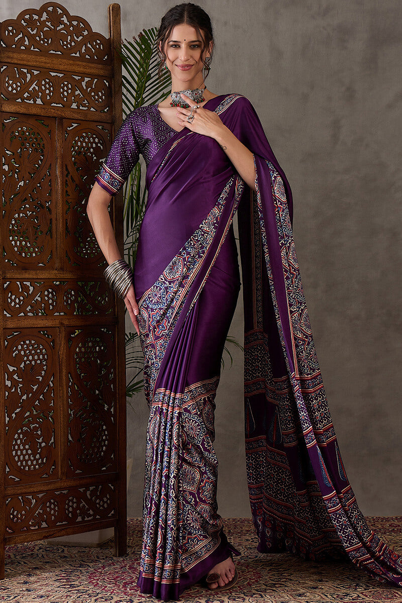 Quintessential Purple Ajrakh Printed Semi Modal Silk Saree With Bloomi ...