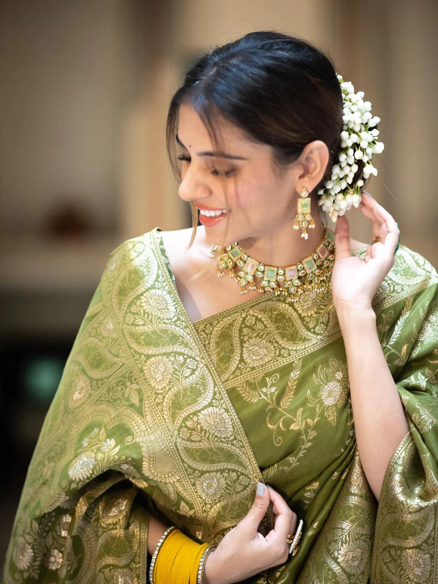 Nemesis Mehndi Soft Silk Saree With Serendipity Blouse Piece ...