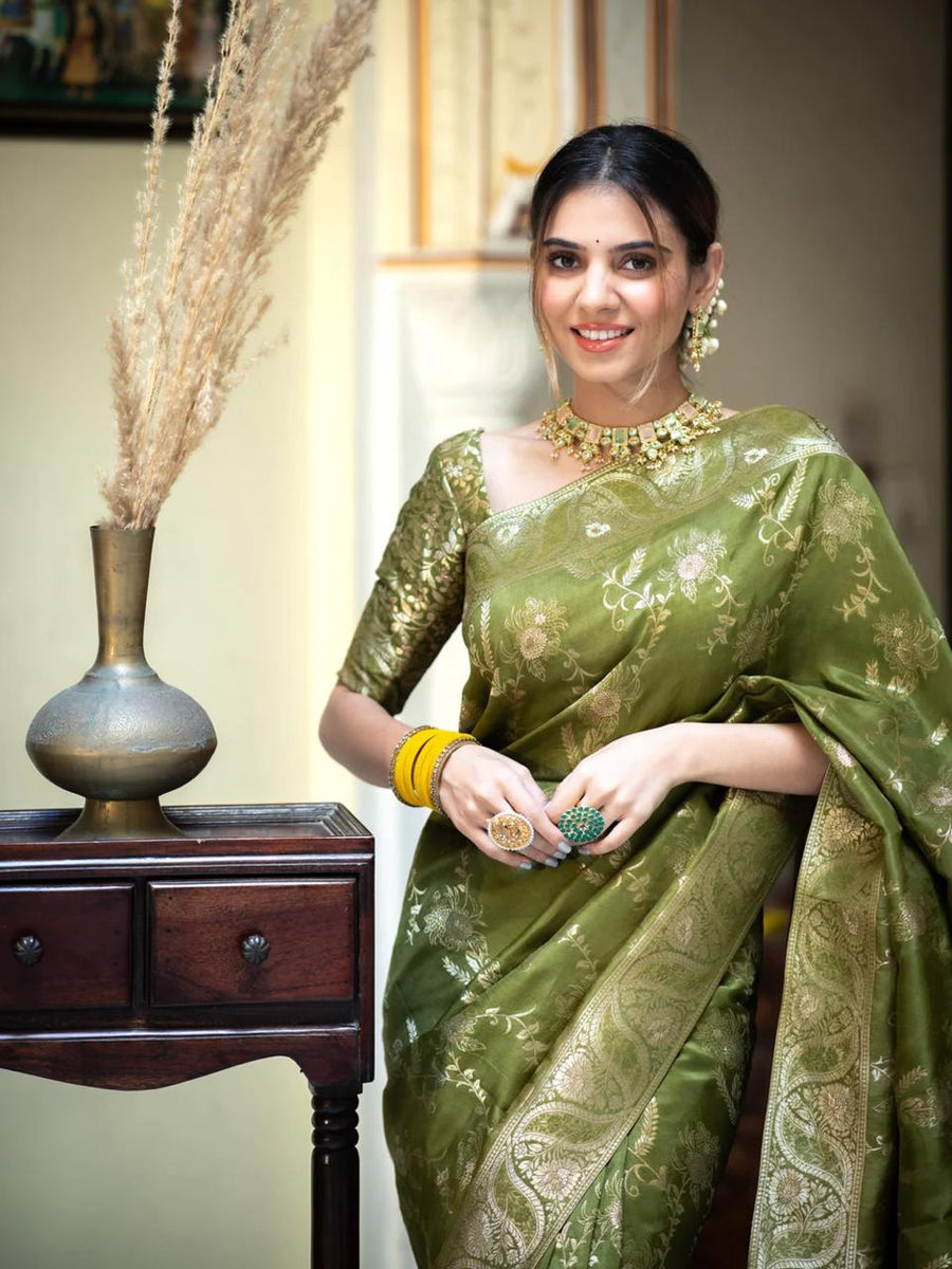 Nemesis Mehndi Soft Silk Saree With Serendipity Blouse Piece ...