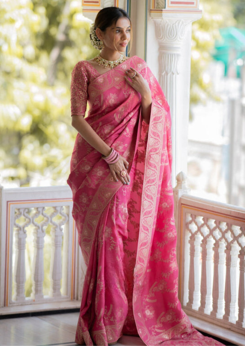 Effervescent Pink Soft Silk Saree With Assemblage Blouse Piece ...
