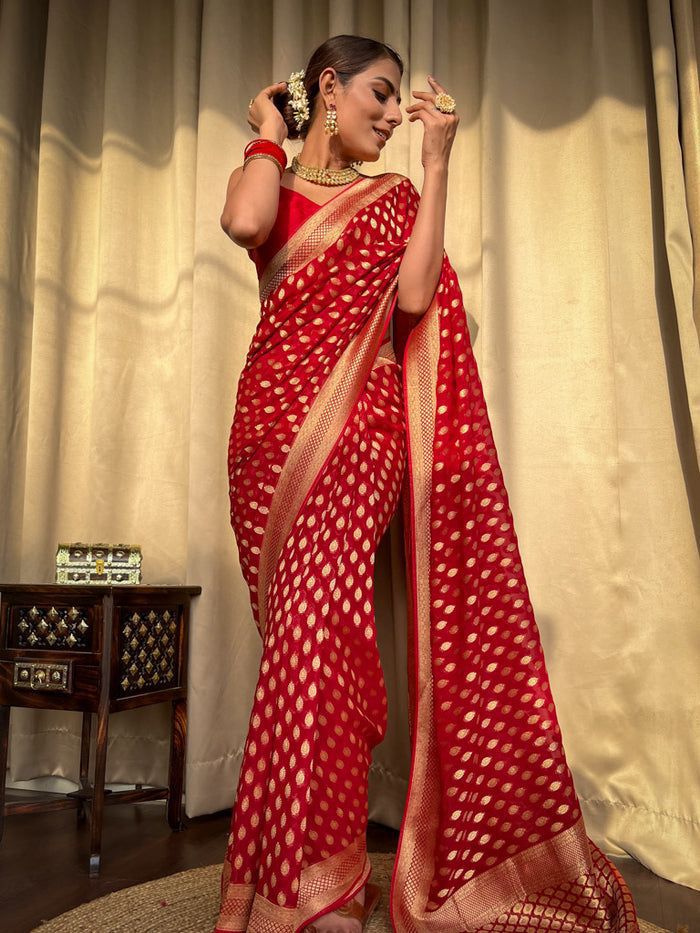 Bucolic Red Soft Banarasi Silk Saree With Dalliance Blouse – LajreeDesigner