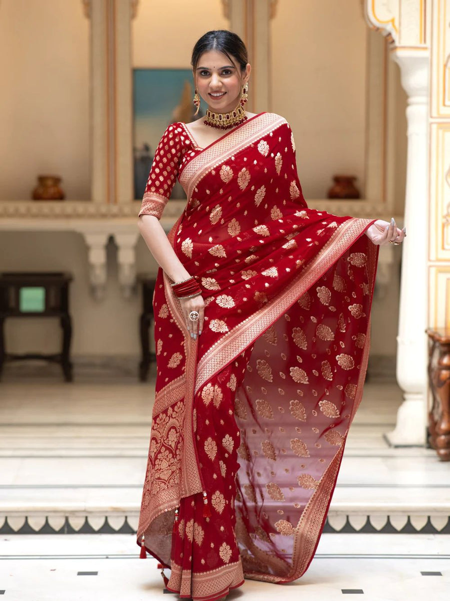 Ideal Red Soft Banarasi Silk Saree With Dalliance Blouse Piece ...