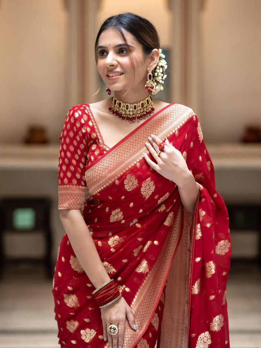 Ideal Red Soft Banarasi Silk Saree With Dalliance Blouse Piece ...