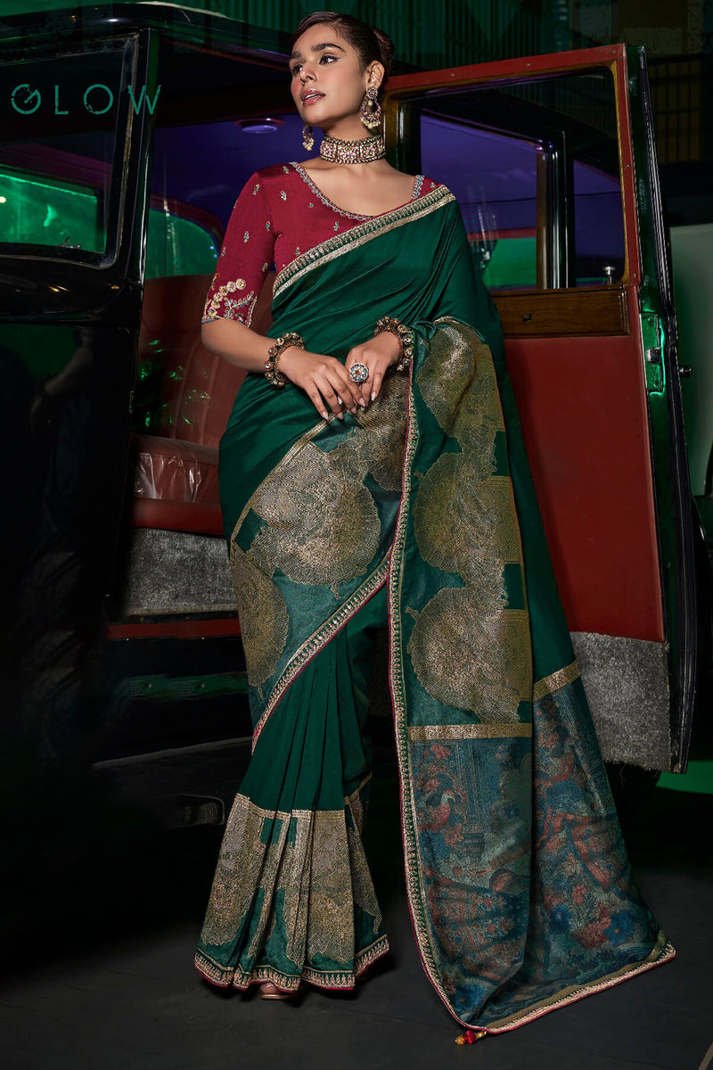 Engrossing Dark Green Banarasi Satin Silk Saree With Gossamer Blouse ...