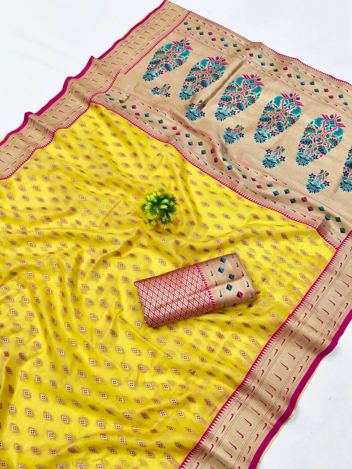 Evanescent Yellow Organza Paithani Silk Saree With Ephemeral Blouse Pi ...