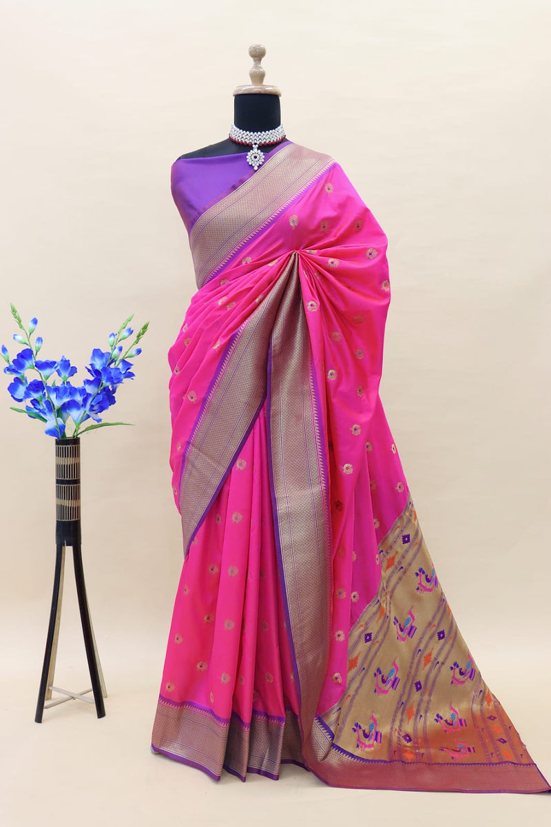 Admirable Dark Pink Paithani Silk Saree With Enticing Blouse Piece ...