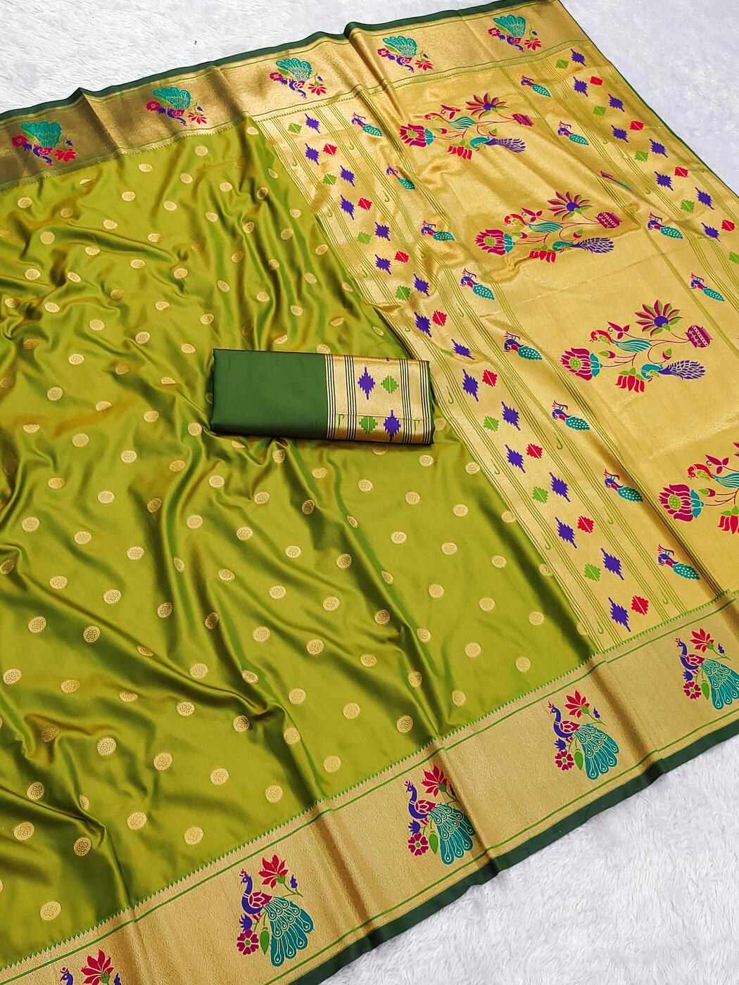 Gossamer Mehndi Paithani Silk Saree With Redolent Blouse Piece ...