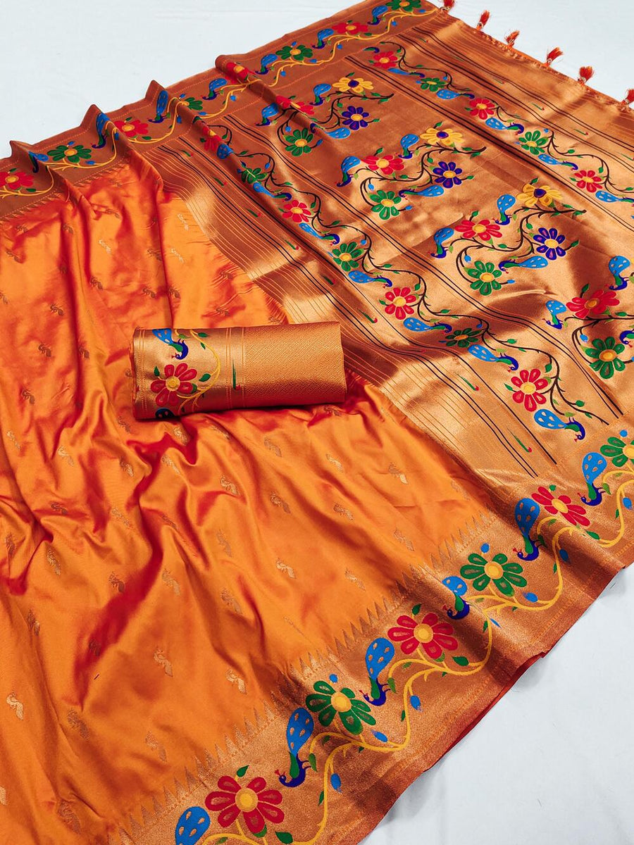 Adoring Orange Paithani Silk Saree With Ailurophile Blouse Piece ...