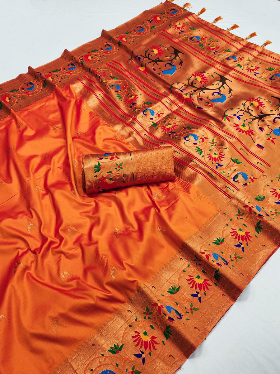 Arresting Orange Paithani Silk Saree With Intricate Blouse Piece ...