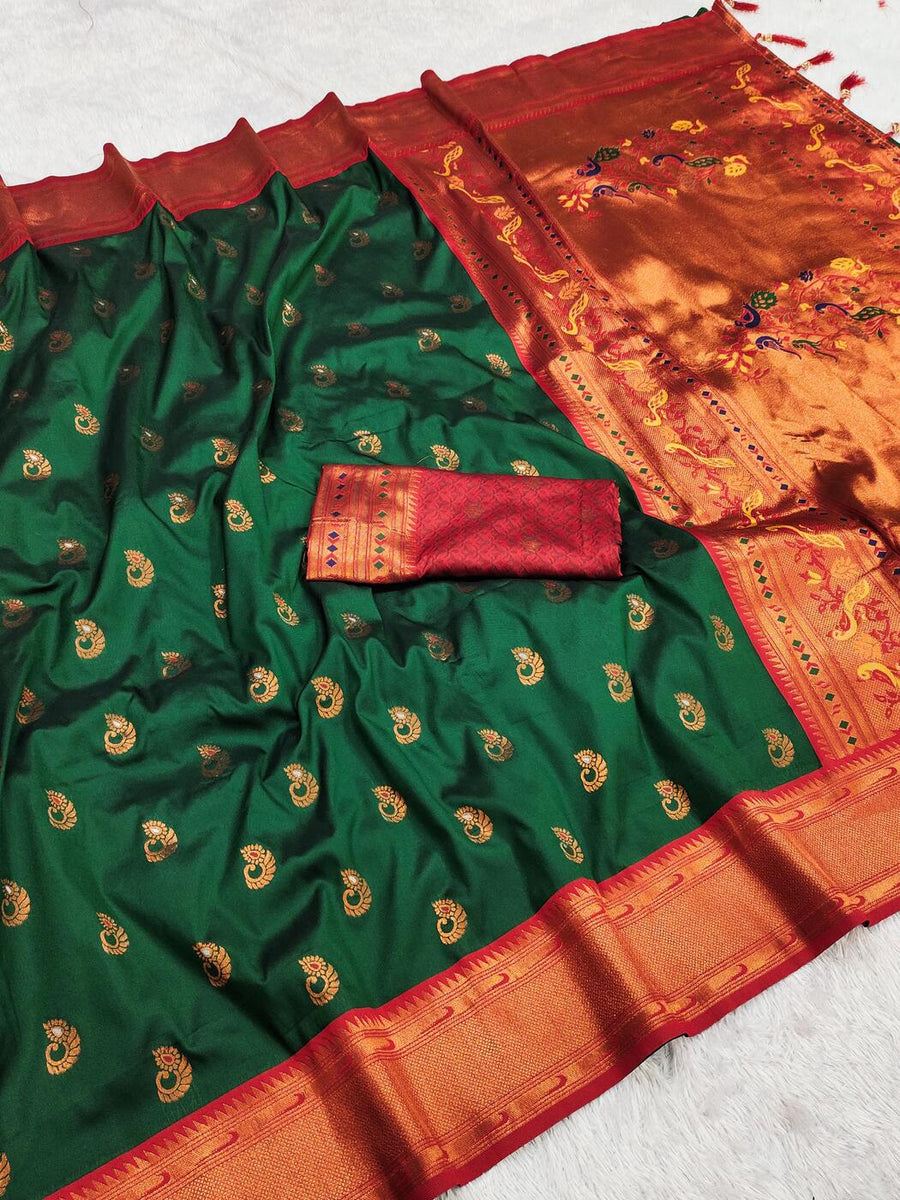 Flattering Dark Green Paithani Silk Saree With Lovely Blouse Piece ...