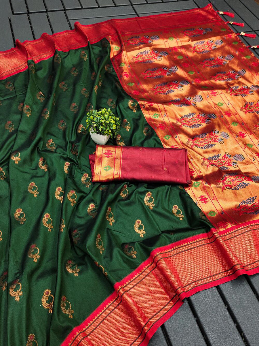 Mesmeric Dark Green Paithani Silk Saree With Adoring Blouse Piece ...