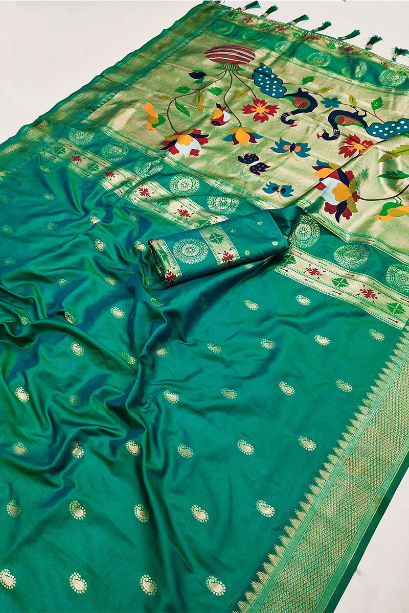 Traditional Green Paithani Silk Saree With Dalliance Blouse Piece ...