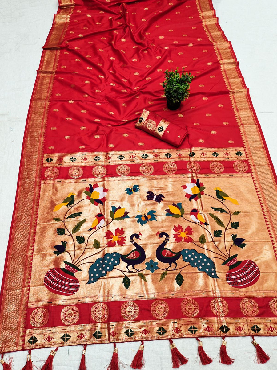 Rhapsody Red Paithani Silk Saree With Imaginative Blouse Piece ...