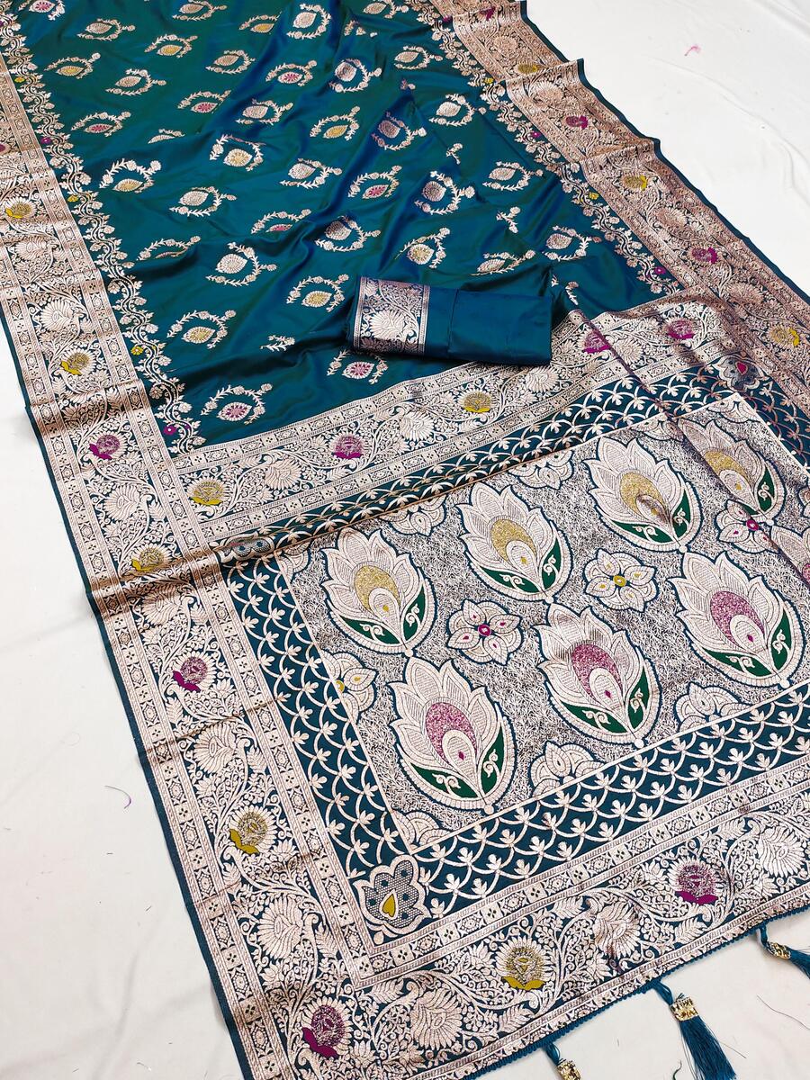 Lassitude Rama Soft Banarasi Silk Saree With Mesmeric Blouse Piece ...