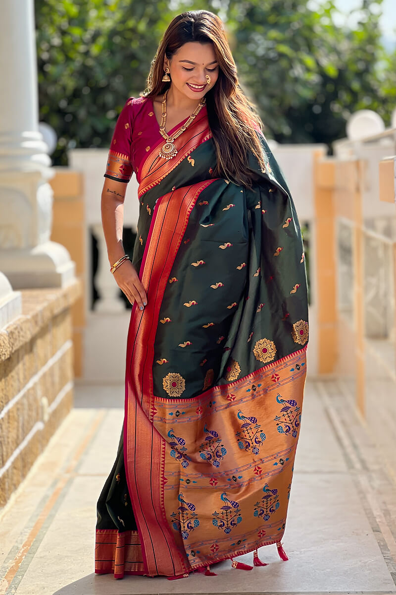 Impressive Dark Green Paithani Silk Saree With Adorning Blouse Piece ...