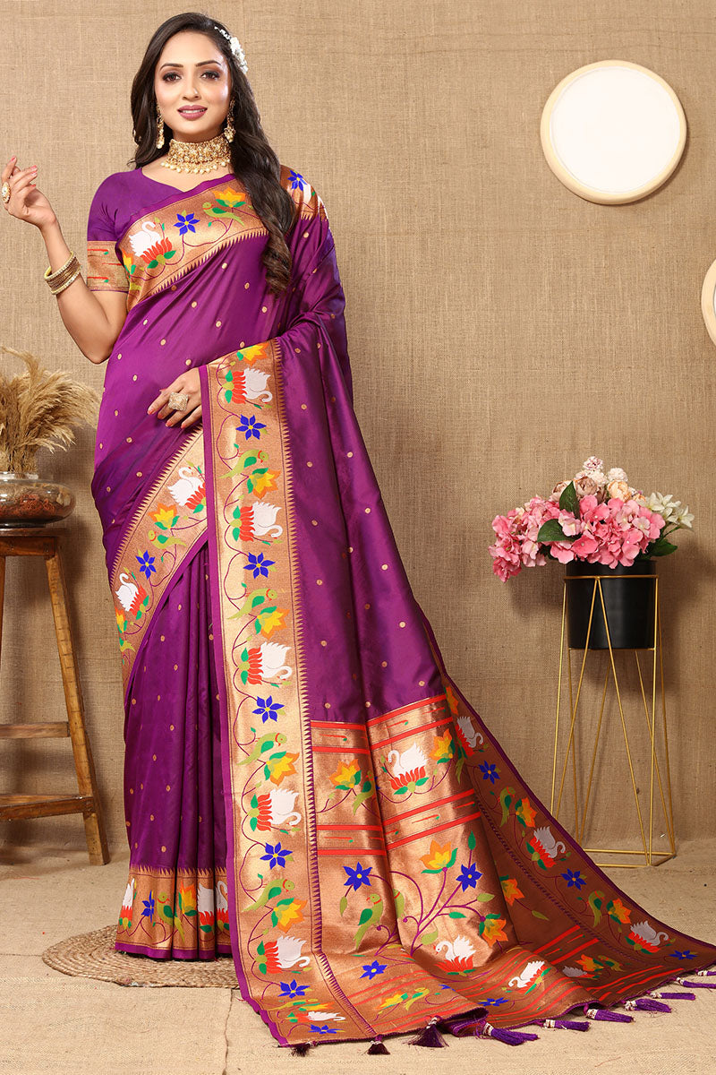 Resonant Purple Paithani Silk Saree With Posh Blouse Piece – LajreeDesigner