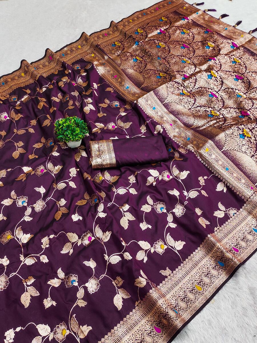 Unequalled Wine Pure Zari Weaving Banarasi Silk Saree With Radiant Blo ...