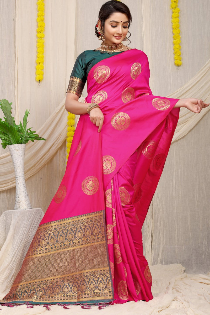 Stunning Dark Pink Kanjivaram Silk Saree and Angelic Blouse Piece ...
