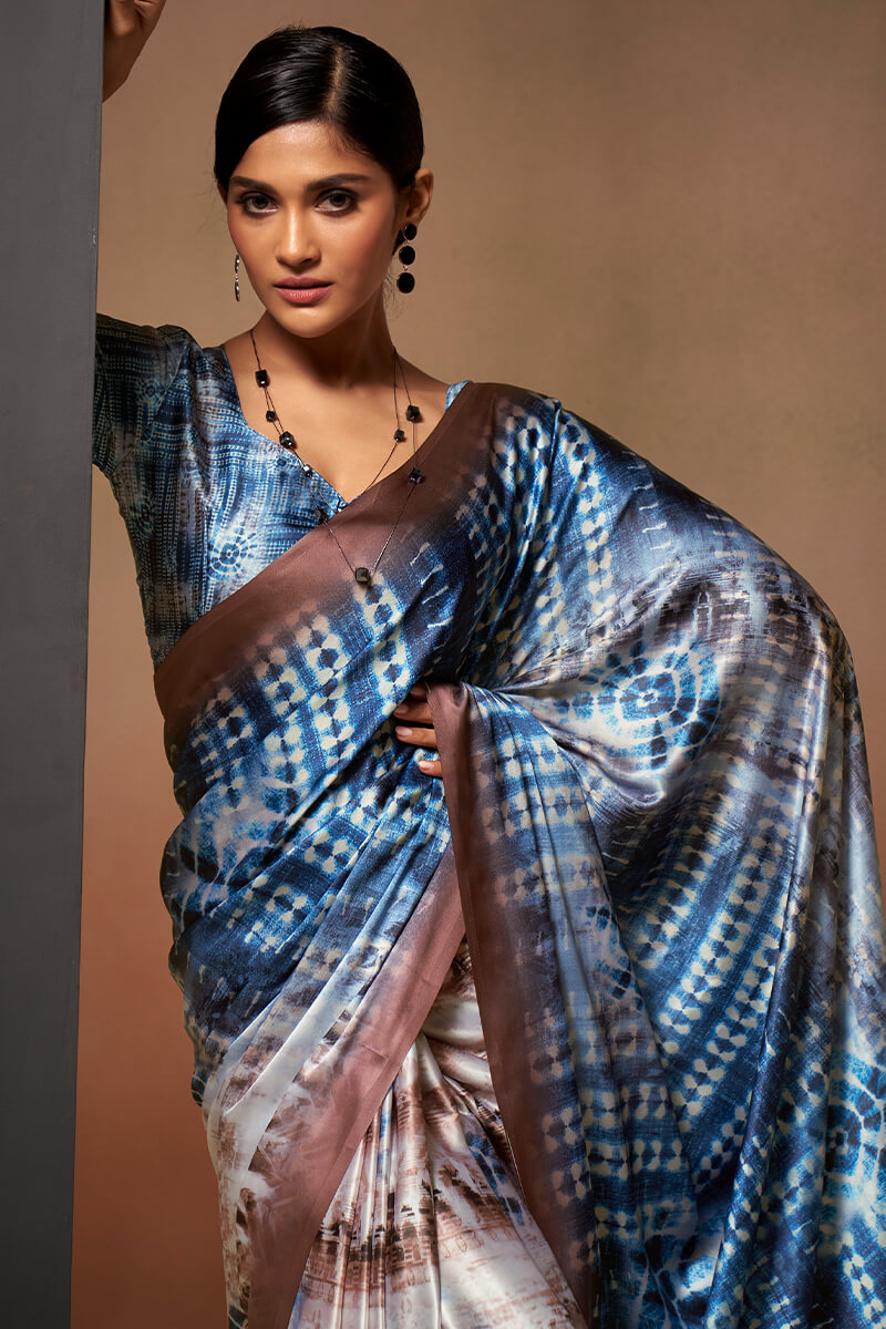Lassitude Brown and Blue Digital Printed Satin Silk Saree With Efflore ...