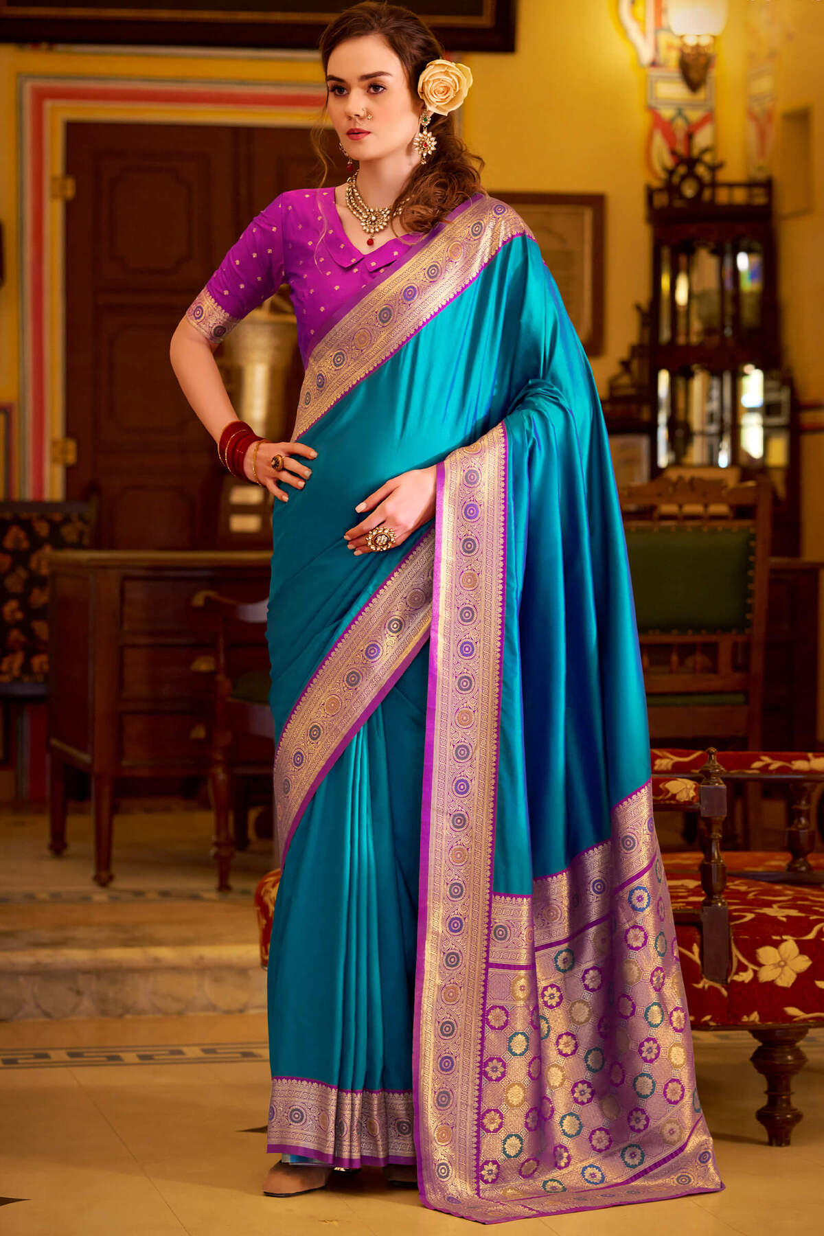 Desultory Firozi Pure Zari Weaving Banarasi Silk Saree With Most Flatt ...