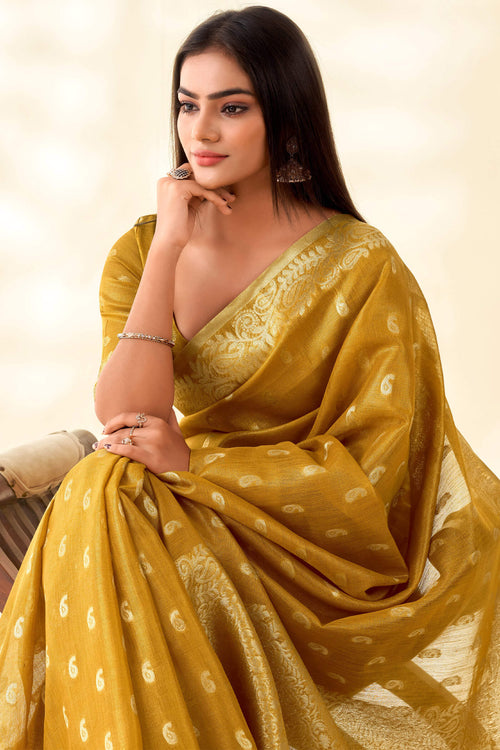 Imbrication Mustard Soft Banarasi Tissue Silk Saree With Demure Blouse ...