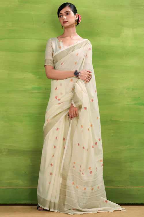 Ethereal Beige Cotton Silk Saree With Efflorescence Blouse Piece – LajreeDesigner