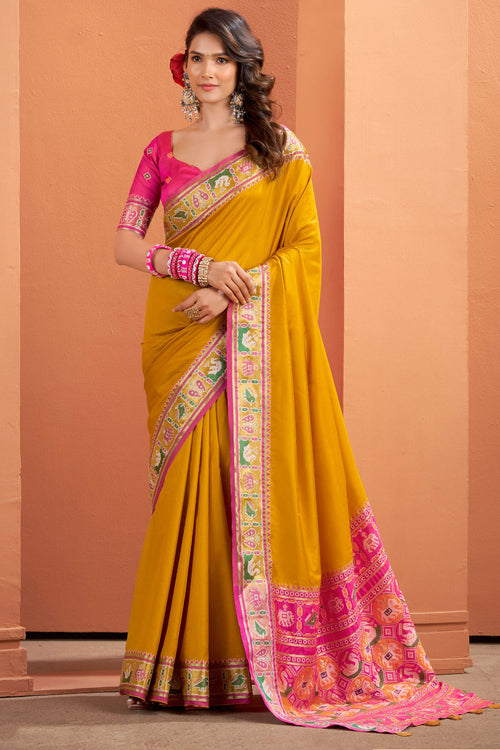 Splendiferous Yellow Patola Silk Saree with Precious Blouse Piece ...