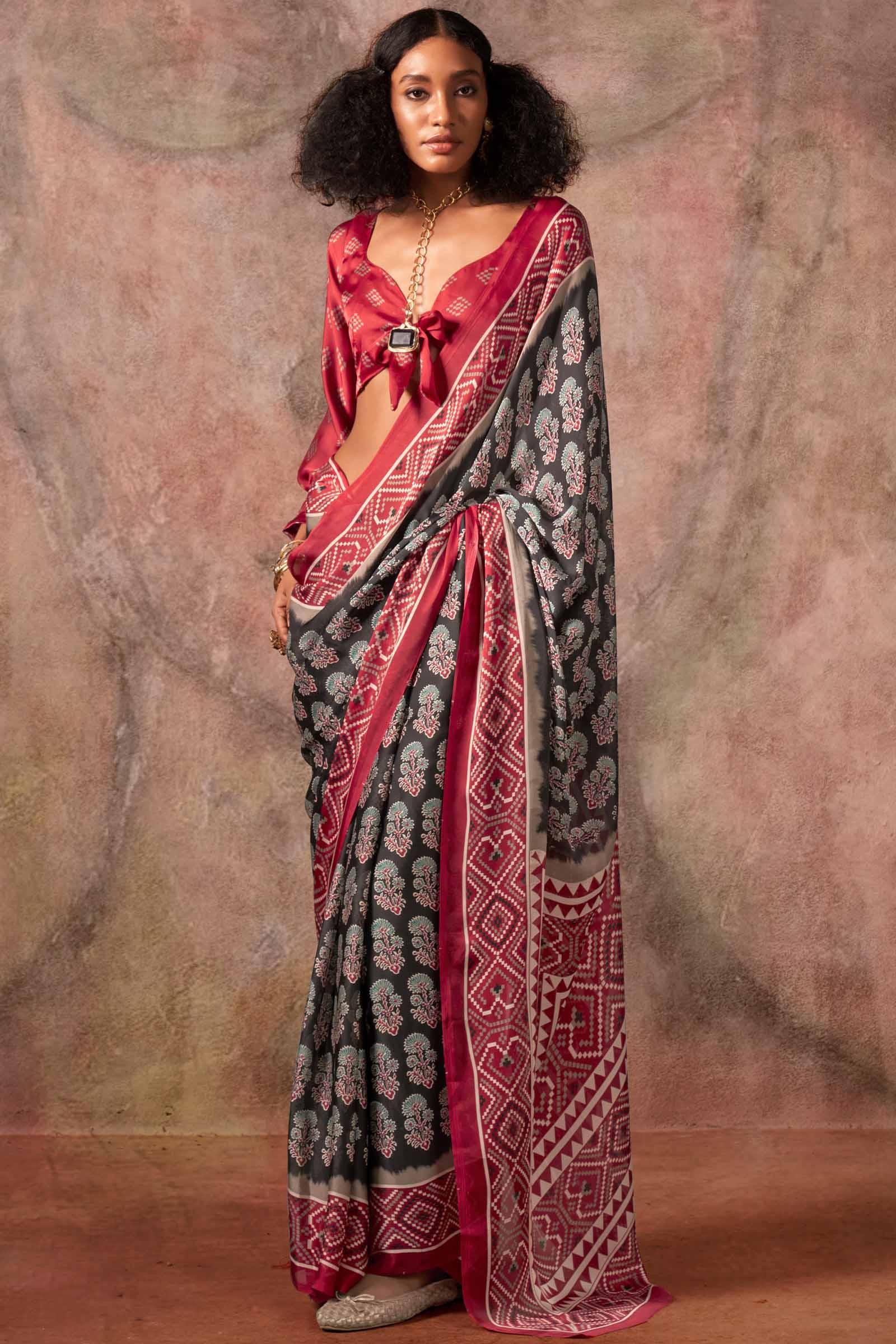 Desuetude Black Ajrakh Printed Satin Silk Saree With Glorious Blouse P ...
