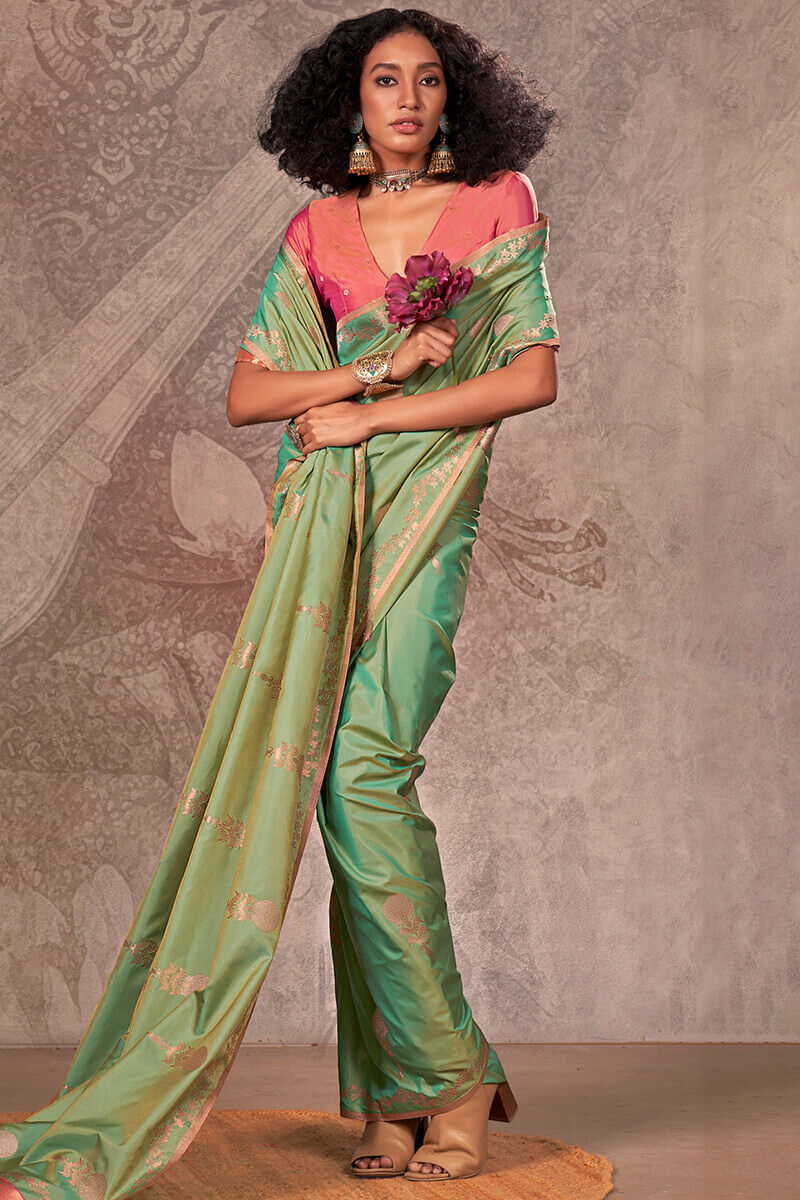 Prominent Pista Two Tone Soft Banarasi Silk Saree With Precious Blouse ...