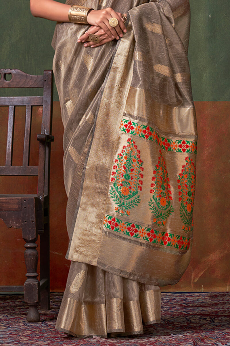 Snazzy Brown Paithani Pure Tissue Silk Saree With Smashing Blouse Piec ...