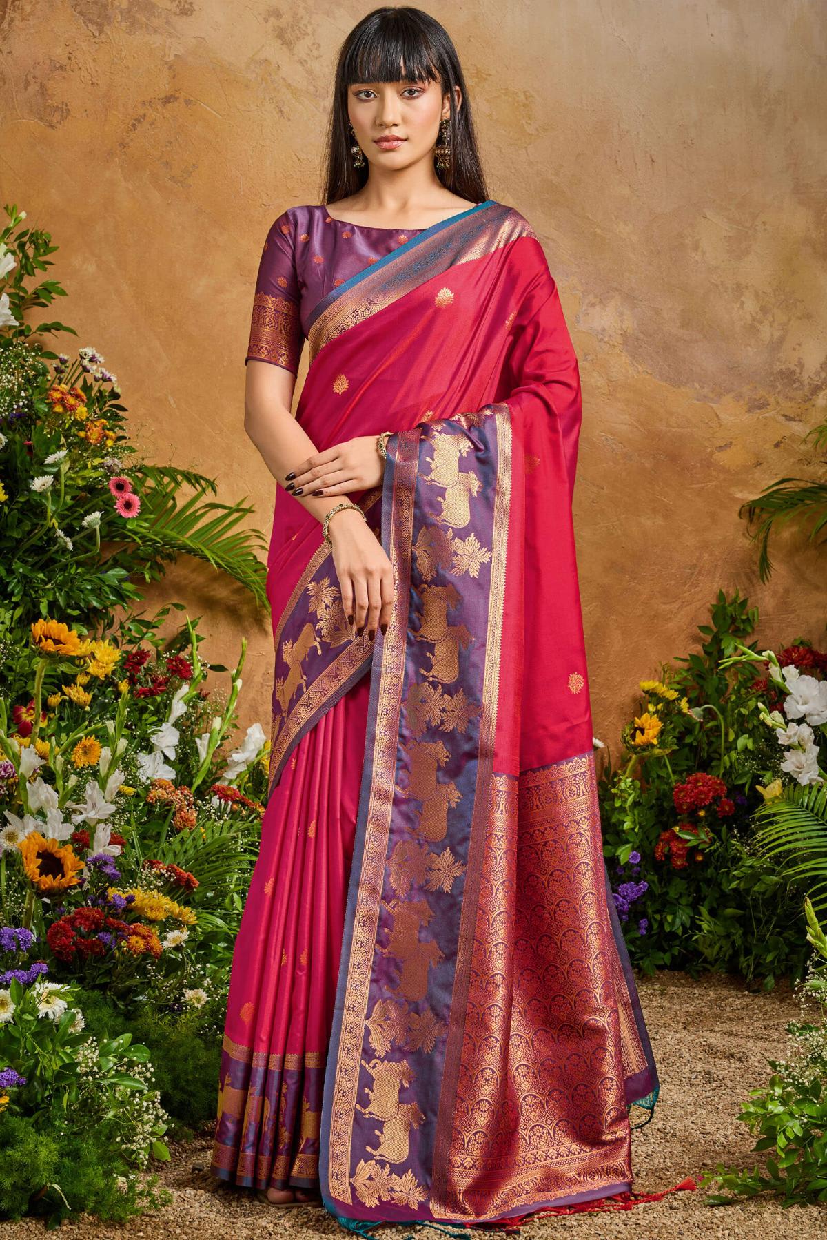 Eclat Dark Pink Soft Banarasi Silk Saree With Precious Blouse Piece ...