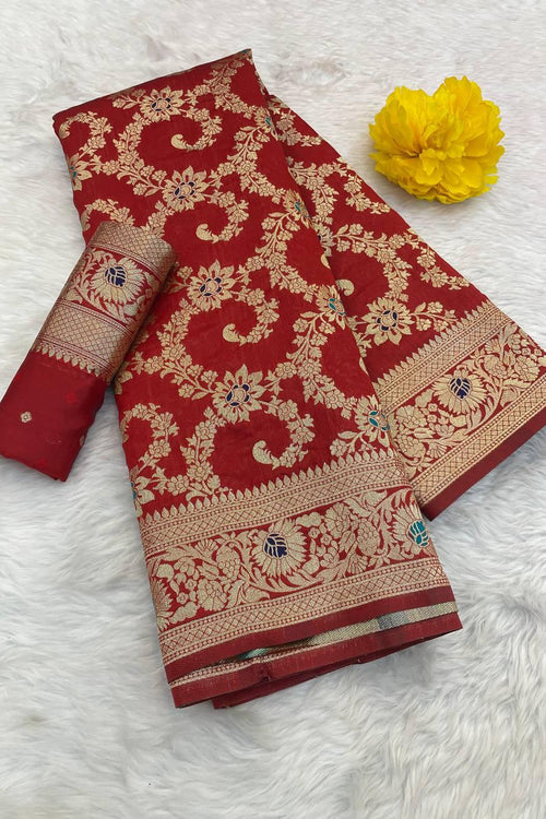Enthralling Red Soft Banarasi Silk Saree With Redolent Blouse Piece ...