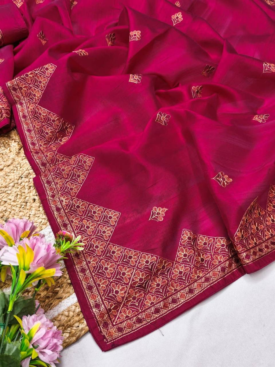 Verdant Dark Pink Embroidery Work Tussar Silk Saree With Seraphic Blou ...