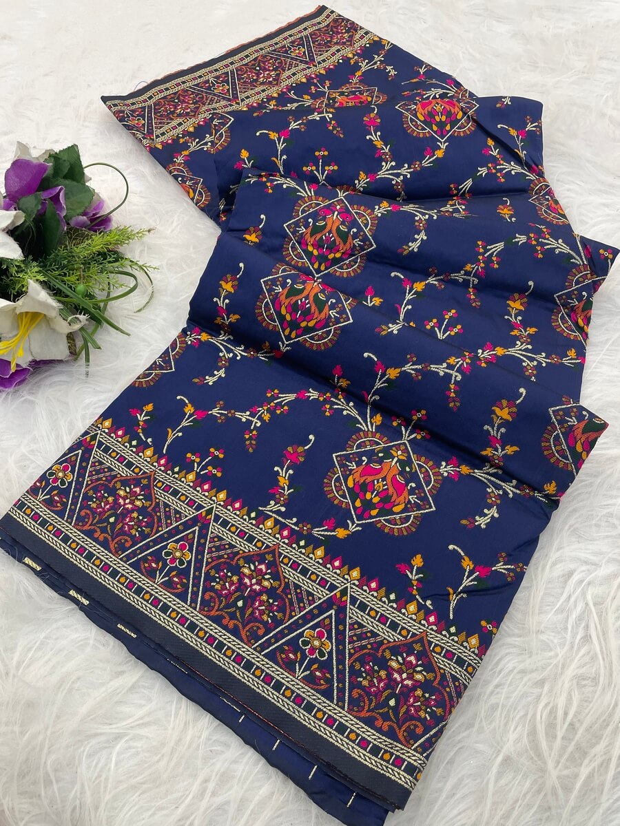 Exuberant Navy Blue Pashmina Saree With Elision Blouse Piece ...