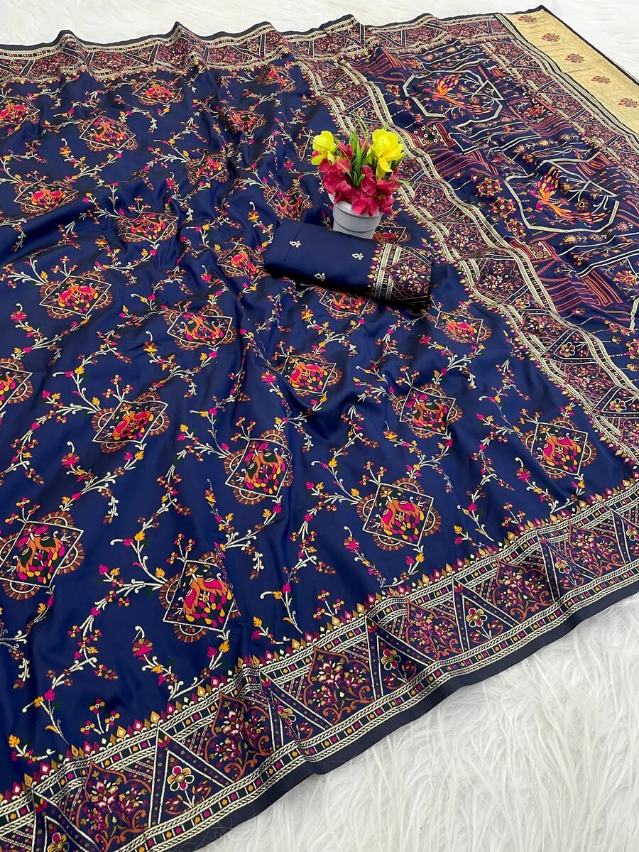 Exuberant Navy Blue Pashmina Saree With Elision Blouse Piece ...