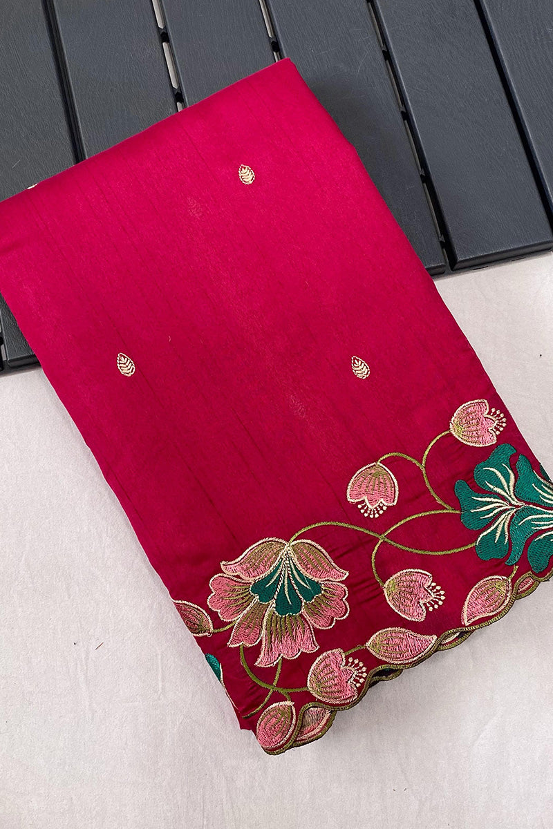 Arresting Dark Pink Embroidery Work Tussar Silk Saree With Fairytale B ...