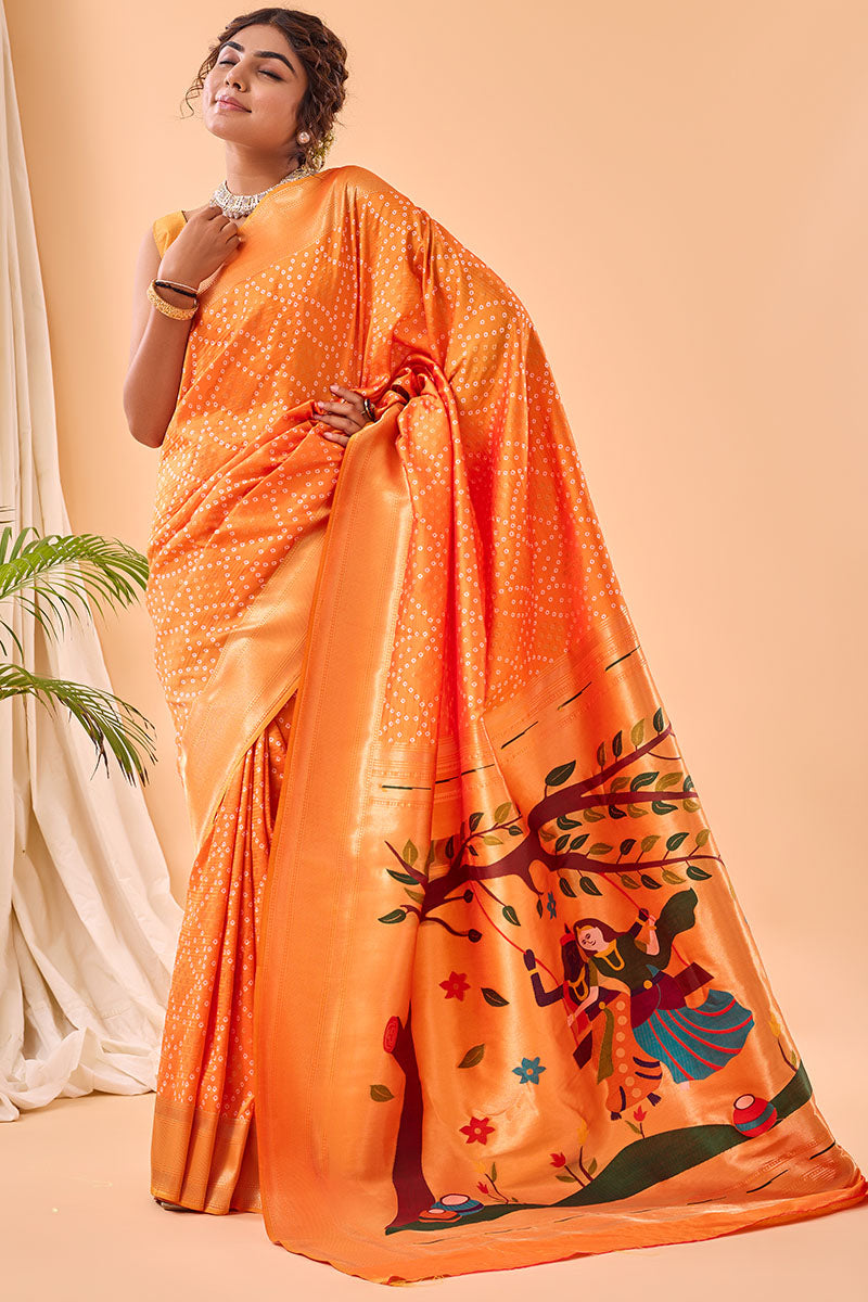 Winsome Orange Paithani Silk Saree With Staring Blouse Piece ...