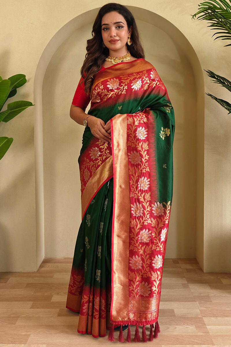 Groovy Dark Green Soft Banarasi Silk Saree With Demure Blouse Piece ...