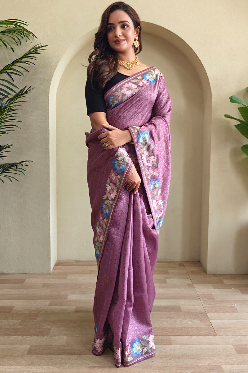 Demure Purple Embroidery Work Tussar Silk Saree With Extraordinary Blo ...
