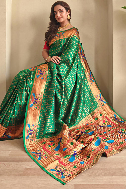 Petrichor Dark Green Paithani Silk Saree With Artistic Blouse Piece ...