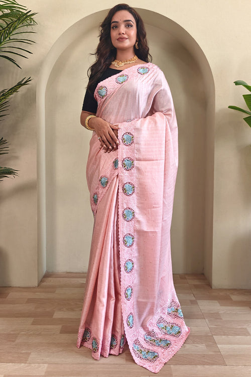 Intricate Baby Pink Embroidery Work Tussar Silk Saree With Sensational ...