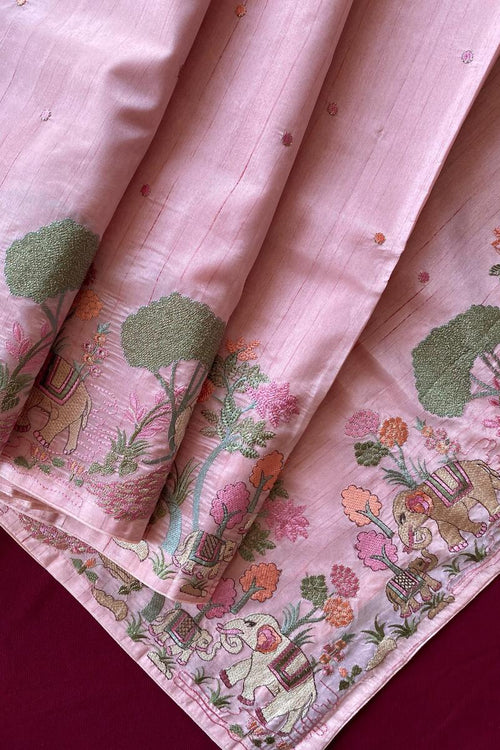 Unequalled Baby Pink Embroidery Work Tussar Silk Saree With Dalliance ...