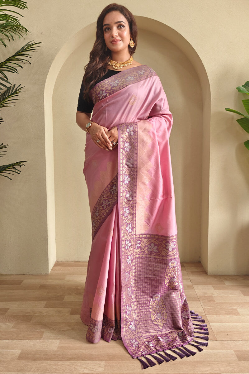 Stunning Baby Pink Soft Banarasi Silk Saree With Precious Blouse Piece ...