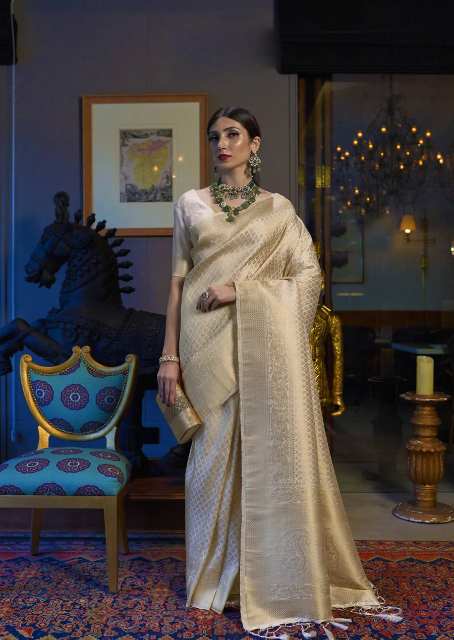 Demesne Beige Kanjivaram Silk Saree With Demure Blouse Piece ...