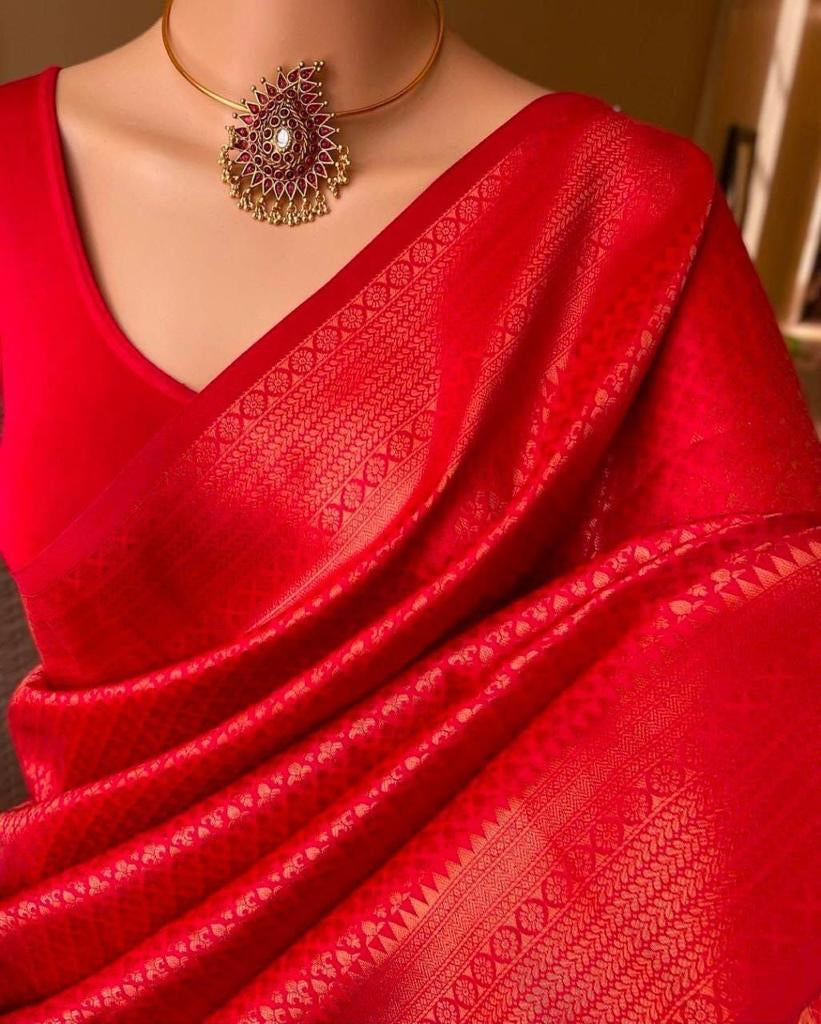 Flameboyant Red Soft Silk Saree With Demure Blouse Piece – LajreeDesigner